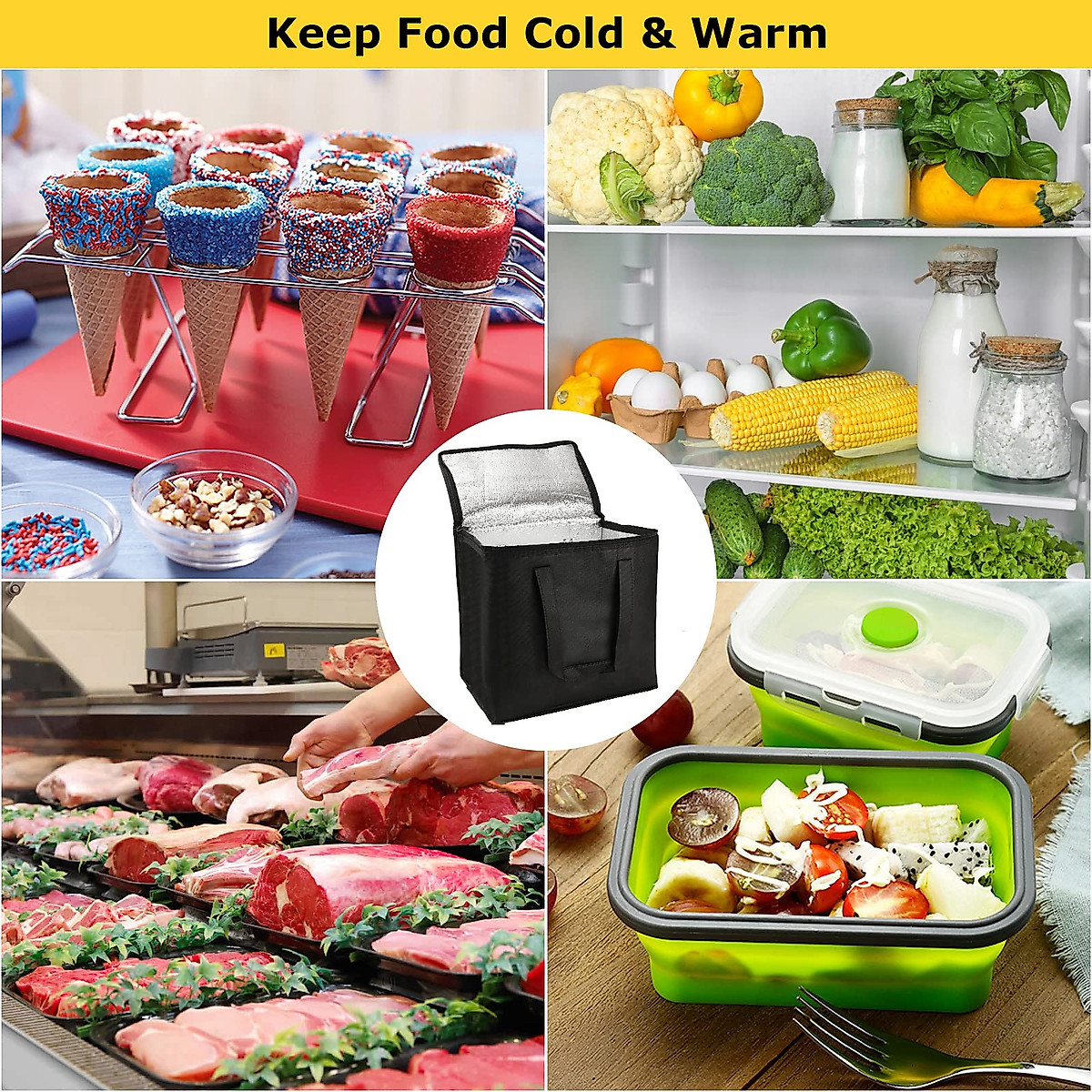 Acrux7 5 Pack Insulated Grocery Bags with Zipper, Reusable Food Delivery Bag, Medium Collapsible Leak-poof Insulated Bags, Food Warmer Bag, Insulated Shopping Bags for Hot & Cold, Groceries (Black)