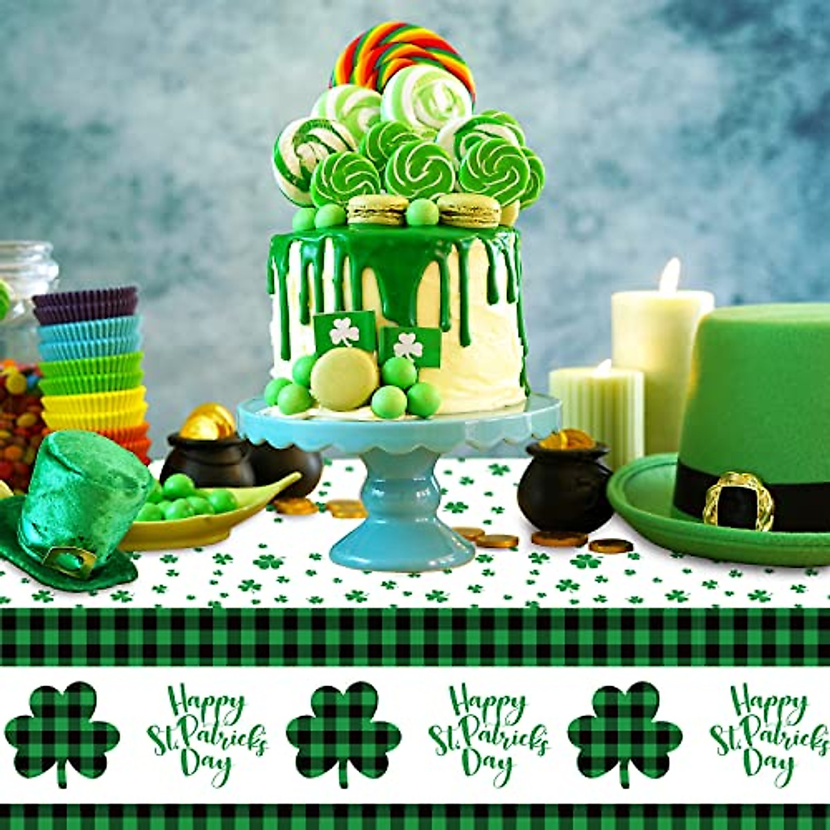 Whaline 3Pcs St. Patrick's Day Disposable Tablecloth Green Black Buffalo Plaid Shamrock Pattern Rectangle Plastic Table Cover Irish Holiday Table Cloth for Picnic Dinner Table Decor, 54 x 108 Inch