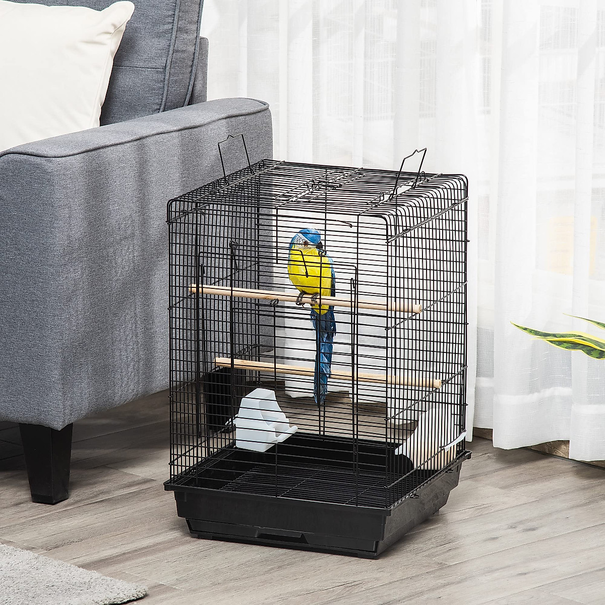 PawHut 23" Bird Cage Flight Parrot House Cockatiels Playpen with Open Play Top and Feeding Bowl Perch Pet Furniture Black