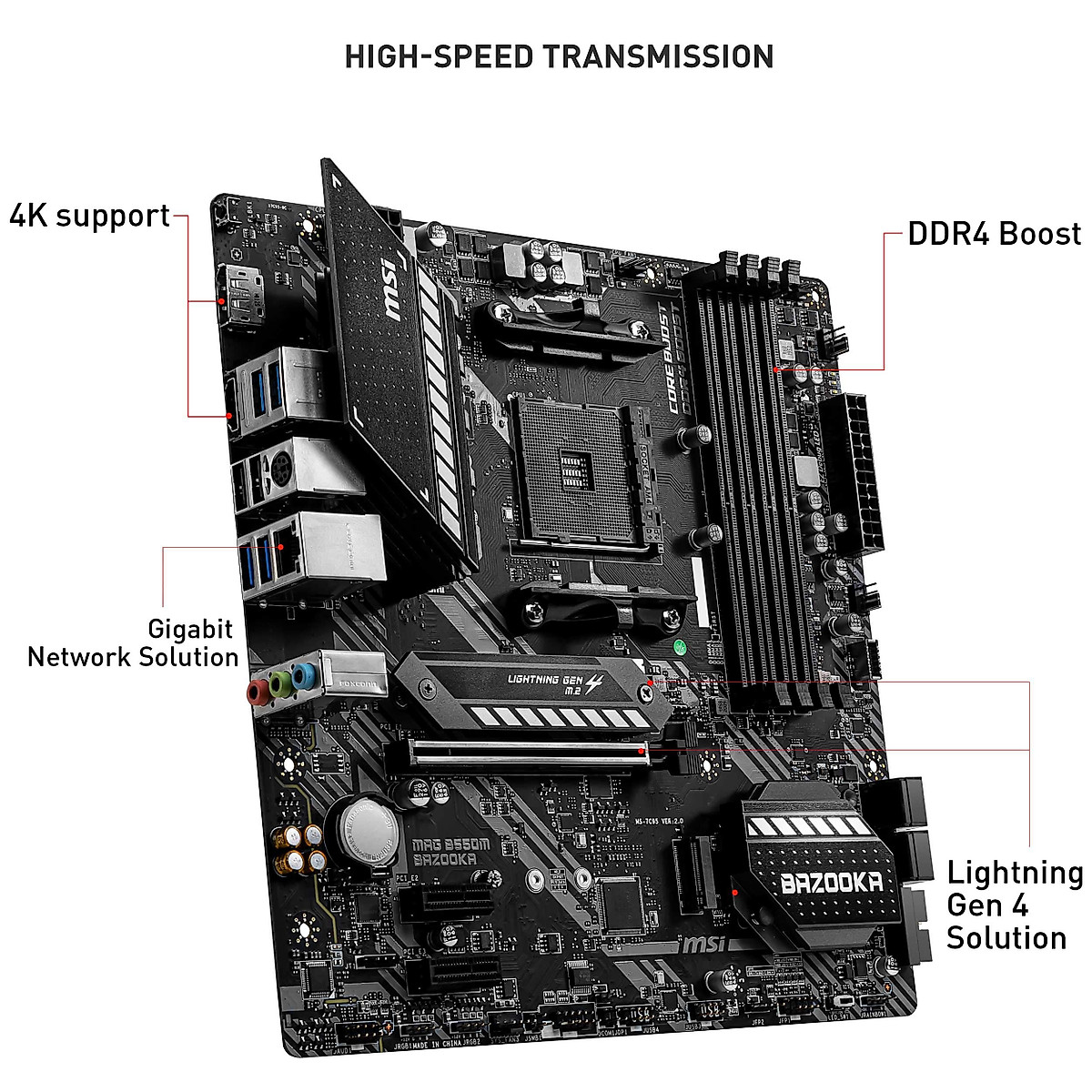 MSI MAG B550M Bazooka Gaming Motherboard (AMD AM4, DDR4, PCIe 4.0, SATA 6Gb/s, M.2, USB 3.2 Gen 1, HDMI/DP, Micro-ATX)