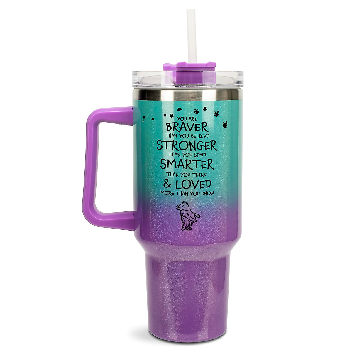 Elanze Designs Pooh Classic Bear Braver Stronger Smarter 40 oz. Stainless Steel, Large Water Bottle Coffee Mug, Spill & Leak Resistant, Thermal Travel Tumbler with Handle, Lid & Straw, Teal/Purple