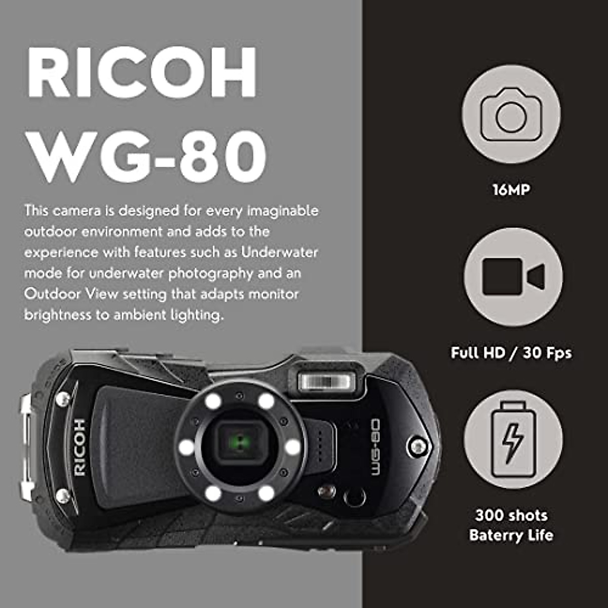 Ricoh WG-80 Digital Camera (Black) Bundle with 5 TB Portable Hard Drive, Gadget Bag with Accessory and Cleaning Kit (3 Items)