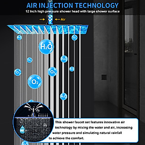 Woindo Shower Faucet Set, 12" Ceiling Mount Rainfall Shower System with 2 Rain Shower Head and Multi-function Handheld Head Push Button Diverter Shower Faucet Trim Kits, Matte Black