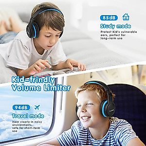 KLUGMIA Kids Bluetooth Headphones, 85/94dB Volume Limited kids headphones, Over Ear Toddler Headphones with Built-in Mic, Bluetooth 5.0, Foldable Wireless Headphones for Kids (black blue)