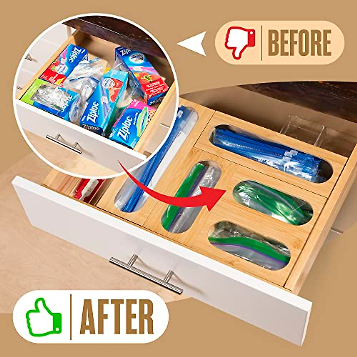 Ziplock Bag Organizer, Drawer Storage, Plastic Sandwich Baggie Holder, 5 Piece, Bamboo, Food Bags Dispenser, Zip Lock Baggy Organization Box for Gallon, Quart, Sandwiches, Freezer, Kitchen, Pantry