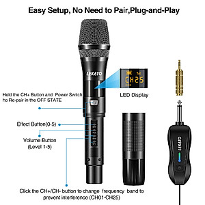 LEKATO Wireless Microphone, UHF Professional Microphones Rechargeable Metal Dual Wireless Microphone Dynamic Microphone System Set with Rechargeable Receiver for Karaoke Singing, Speech, Wedding