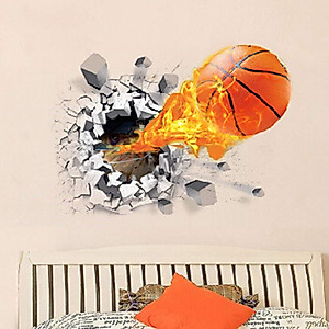 Supzone 3D Basketball Wall Stickers Breakthrough Wall Sticker Self-Adhesive Fireball Wall Decor Vinyl Removable Flying Basketball Wall Art for Kids Wall Stickers for Bedroom Playroom Wall Mural