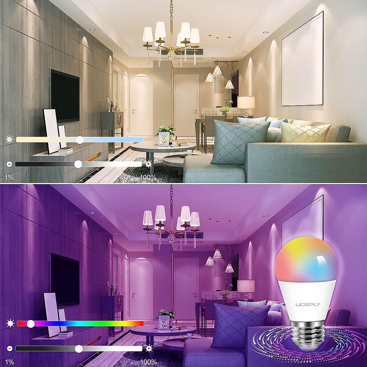 LEDEPLY 5W=40W, A15 Smart Bulb, Compatible with Alexa, Google Home, E26, Color Changing, Dimmable LED WiFi Light Bulbs, No Hub Required, 1 Pack