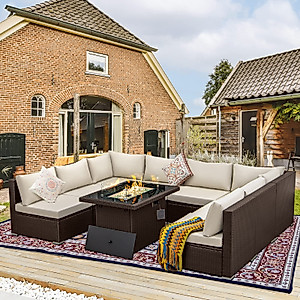 BULEXYARD High Back Brown PE Rattan Outdoor Patio Furniture Set with Propane Fire Pit Table, Large Wicker Outside Sectional Furniture Sofa Conversation Sets for Backyard(Beige, 9Pcs-A)