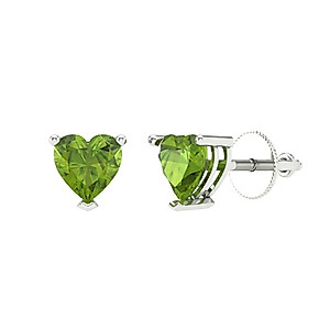 1.0 ct Brilliant Heart Cut Solitaire VVS1 Natural Green Peridot Pair of Stud Earrings Solid 18K White Gold Screw Back
