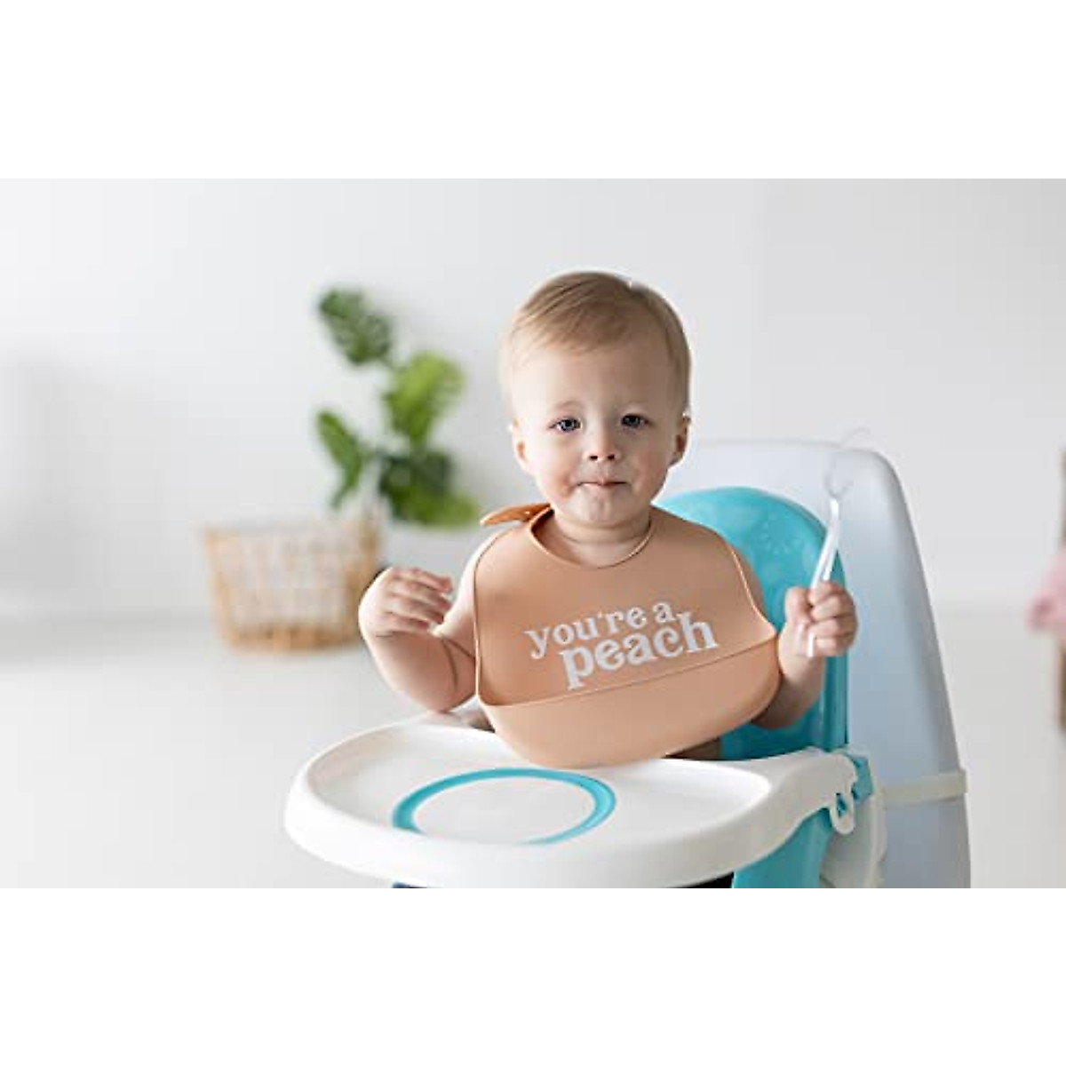 Pearhead Silicone Bib Set of 2, You're a Peach Dishwasher Safe Bibs with Food Catcher, Earth Tone Baby Bib Set, Baby Feeding Accessory for New Parents and Expecting Parents, 2 Baby Bibs