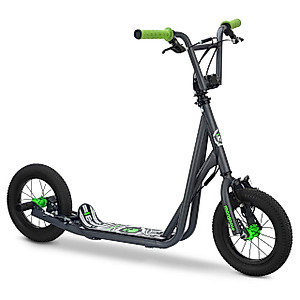 Mongoose Expo Kick Scooter, BMX-Style Handlebar & Brake Cable Rotor, For Riders Ages 6 and Up, Rear Axle Pegs, 12-Inch Air Tires, Max. Weight of 175 lbs., Green/Grey