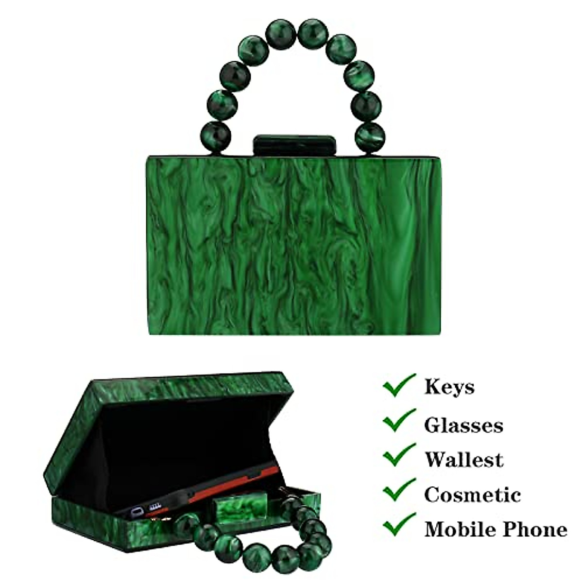 Acrylic Purses Evening Clutch Bag Marbling Handbags for Women Cross Body Bag with Pearl Chain Formal Wedding Prom Party (Dark Green)