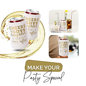 Wedding Can Can Cooler Decorations - Cheers to Love Laughter and Happily Ever After, Can Coolies Set of 12, Wedding Supplies For Bridal Showers, Engagements and Bachelorette Parties (White)