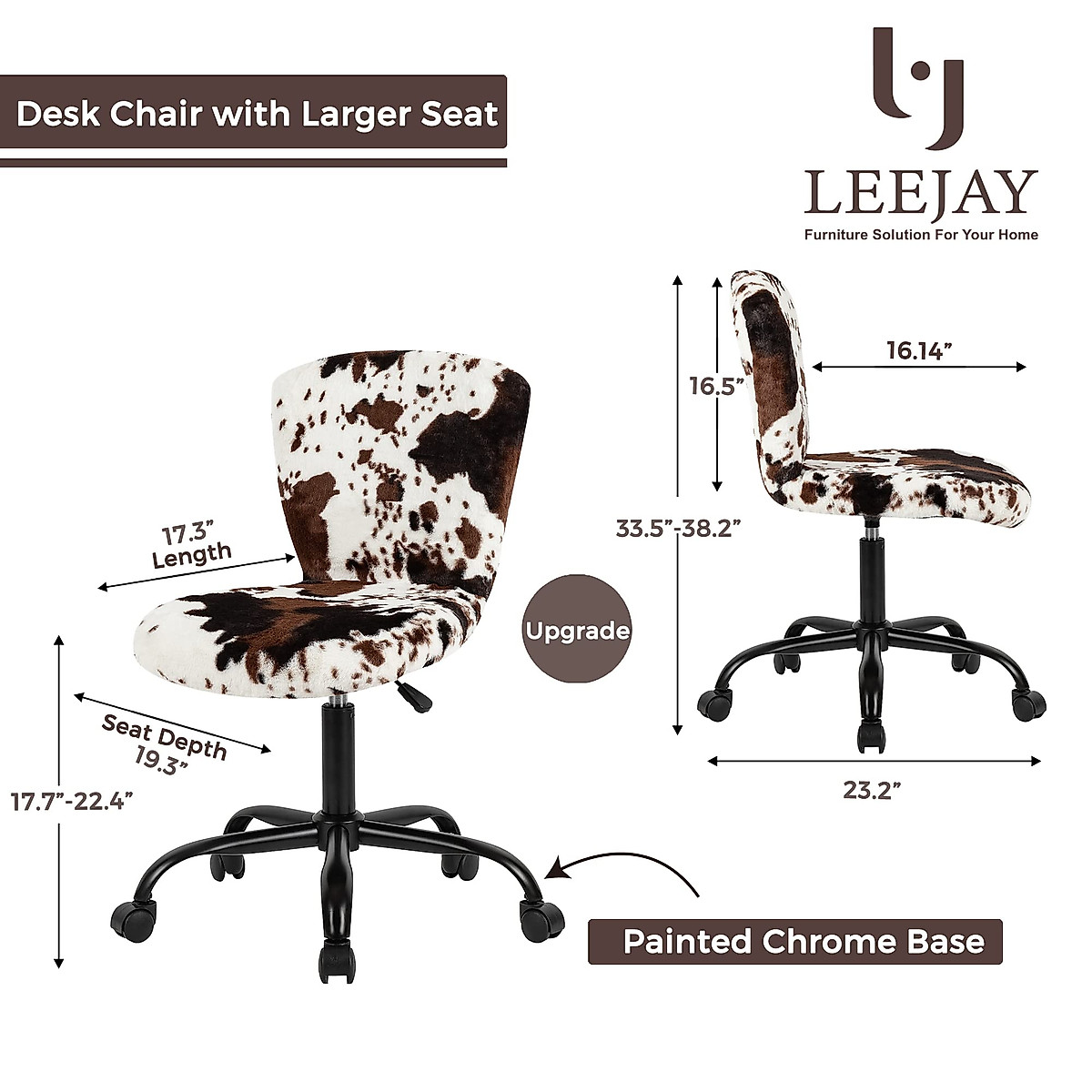 LEEJAY Brown Milk Cow Print Desk Chair for Adults, Armless Swivel Office Task Chair with Black Legs, Fluffy Faux Fur Furry Chair for Bedroom, Mid-Back Fancy Computer Chair, 17.3"x19.3" Seat