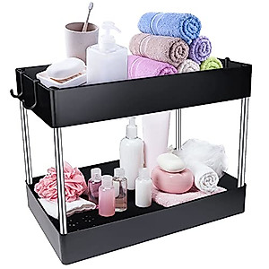 LGHIESO Under Sink Organizer and Storage, Under Bathroom Sink Shelf Organizer Rack, Under Bath Sink Collection Baskets with Hooks, Ideal for Room, Office, Kitchen, Bathroom (Black, 2-Tier)