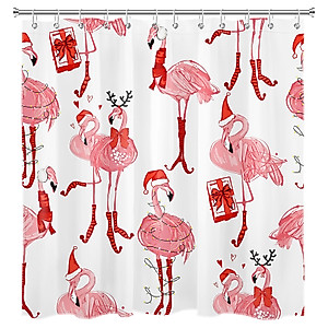 HVEST Christmas Flamingo Shower Curtain for Bathroom Decor, Pink Bird Flamingo and Gift on White Shower Curtain with Hooks, Tropical Christmas Bathroom Curtains Shower Set, 72L x 72W inches