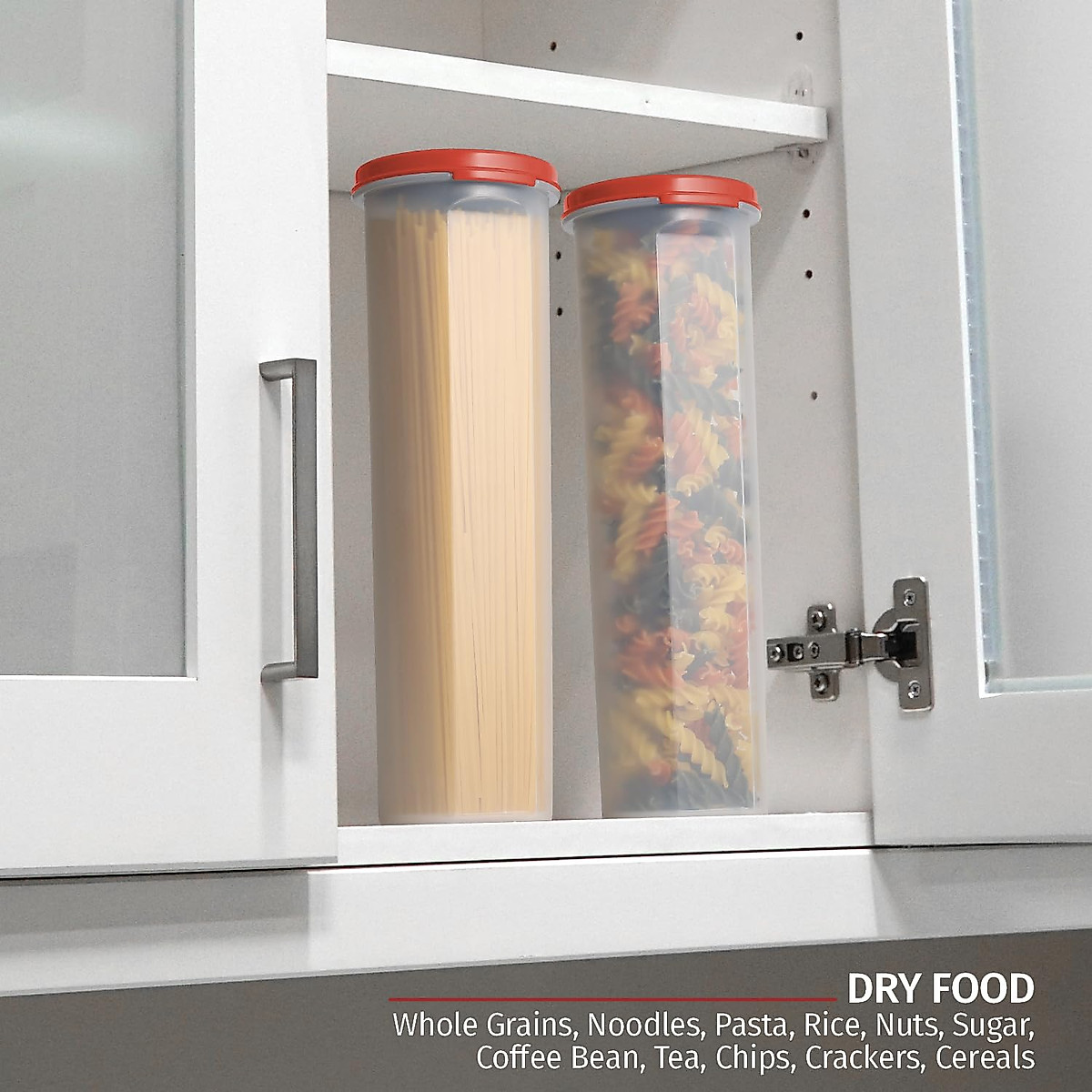 Tall Clear Spaghetti Pasta Container Storage With Lid-2 Pk.Multi-Purpose Kitchen Pantry Organization And Food Storage For Noodles Beans Straws - Airtight Leakproof Spaghetti Keeper BPA Free 37 oz.