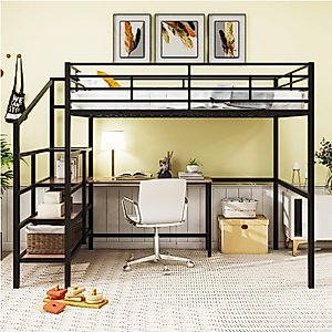 FANYHOME Full Size Metal Loft Bed with Desk and Metal Grid, Stylish Metal Frame Bed with Lateral Storage Ladder and Wardrobe loft Bed Twin Size with Desk (Black)