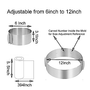 HMIN Adjustable Cake Mold Mousse Ring and Cake Collar, Heavy Duty 6-12 Inch Round Cake Ring Mold Mouse Cake Mold Cake Ring and Acetate Roll