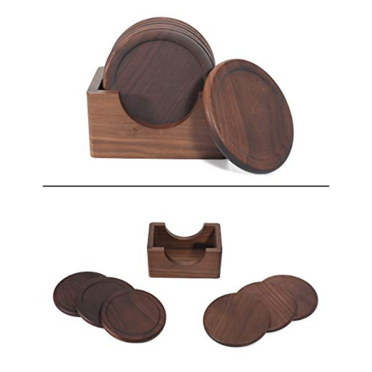 100% Natural Wood Coaster,Coffee Coaster, Beer Coaster.Walnut Dark Wood Coaster, 7-Piece Coaster Set, Holder Included (Black Walnut)