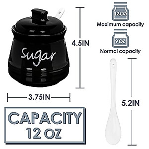 Swetwiny Porcelain Sugar Bowl with Lid and Spoon, 12 Ounces Ceramic Sugar Storage Jar, Sugar Container for Home and Kitchen (Black)