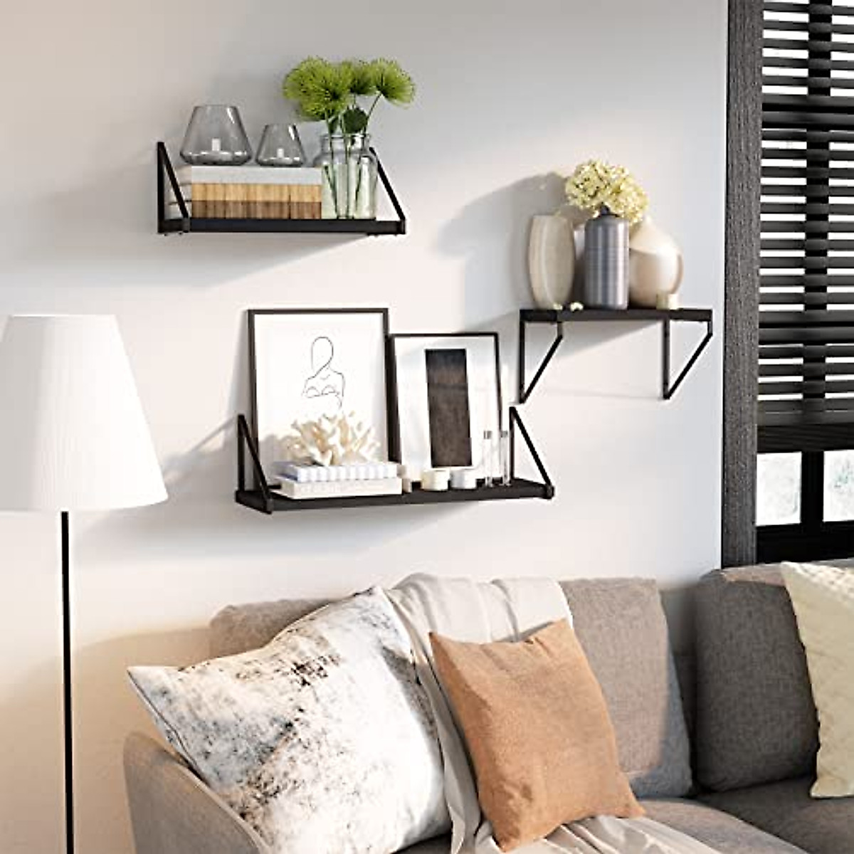 Love-KANKEI Floating Shelves,Rustic Shelves Wall Mounted Set of 3, Wall Storage Shelves for Living Room, Bedroom, Kitchen Black