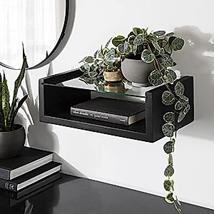 Kate and Laurel Holt Modern Floating Shelf, 18 x 10, Black, Floating Wood Shelf with Tempered Glass Top for Storage and Display