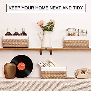 OIAHOMY 12.8x9x5.5in Woven Baskets for Storage, Storage Baskets for Shelves, Cotton Rope basket set of 3, Decorative Storage Baskets, Rectangle Basket With Handles, Brown and White