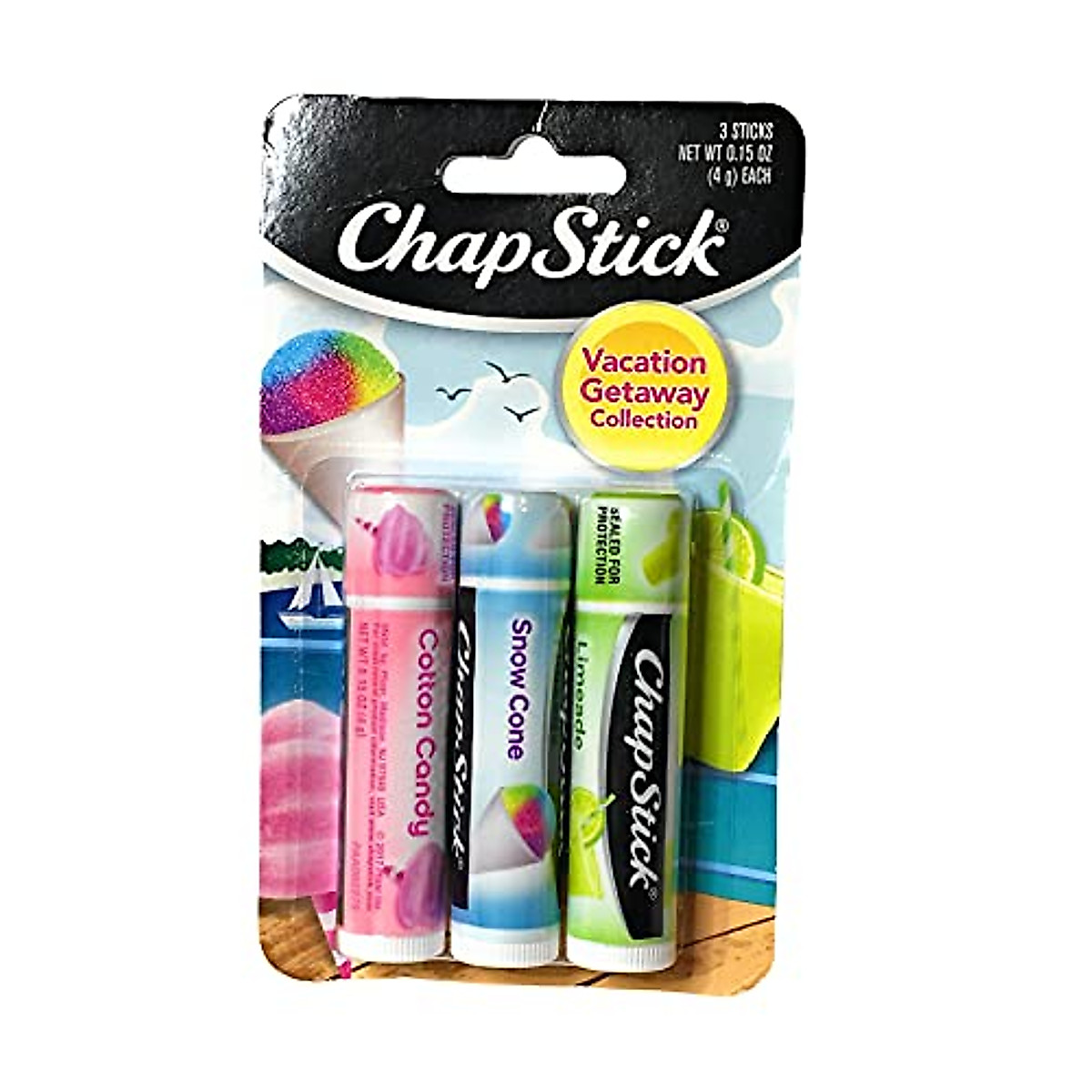 (1) Pack of 3 Count ChapStick Vacation Getaway Collection Lip Balm (Flavors Include Cotton Candy, Snow Cone and Limeade)