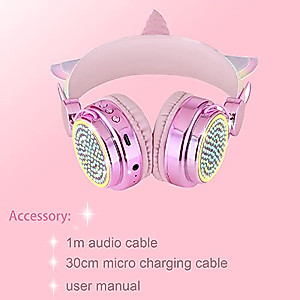 KORABA Kids Wireless Headphones for Girls Children Teens, LED Light Up Bluetooth Unicorn Headphones with Microphone for School/Xmas/Online Study/Unicorn Gifts (Pink Wireless)