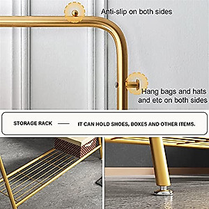 YMHT Garment Rack Metal Gold Clothing Rack with Shelves Clothes Rack with Shoe Shelves Hat Hooks Bedroom Cloakroom (Gold)