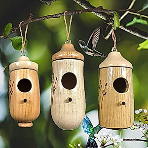 3Pcs Hummingbird House, Wooden Hummingbird House for Outside Hanging, Cute Humming Bird Nest with Hemp Ropes, Hanging Bird Houses for Outdoor Garden Home Decor, Nesting Birdhouse Nature Lovers Gift(B)