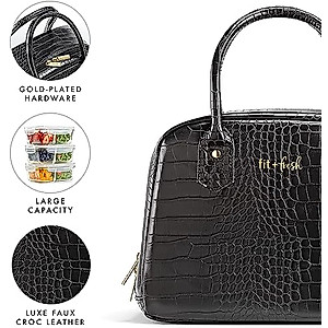 Fit & Fresh Faux CROC Adult Insulated Lunch Bag with Carry Handles, Complete Lunch Kit Includes Travel Flatwear Set, Black Large