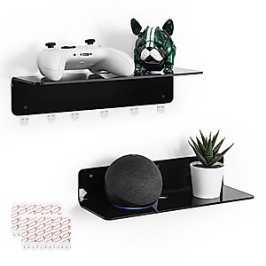 OAPRIRE Black Acrylic Floating Shelves Set of 2 - Damage Free Expand Wall Space - 12 Inch Wall Shelves with Strong Adhesive for Bathroom, Bedroom, etc