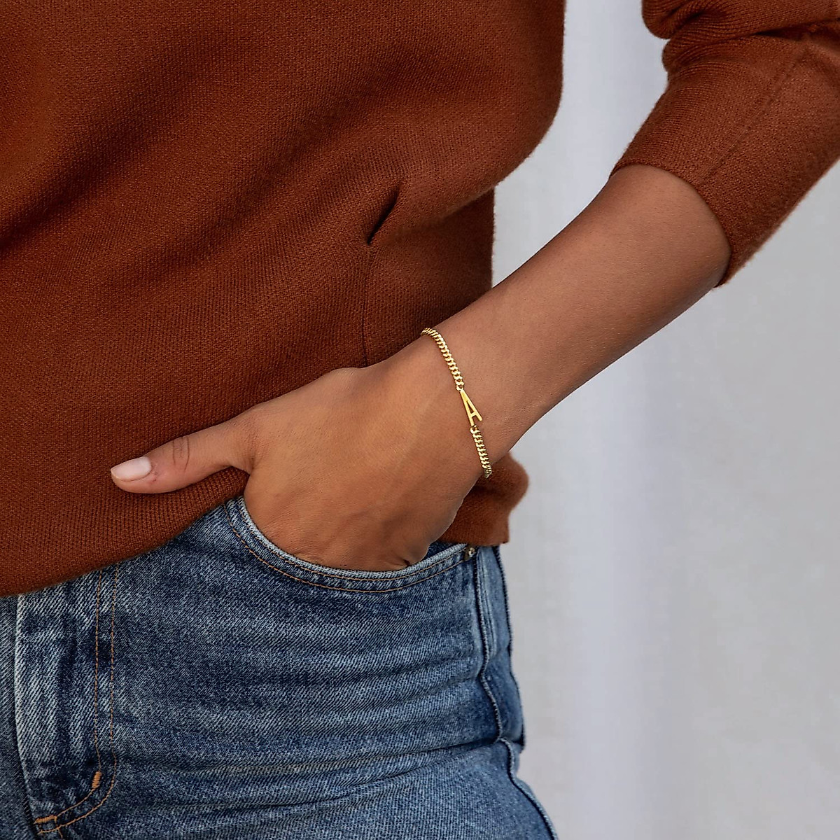 MRSXIA Bracelet for Women Gold Initial Sideways Letter K 5MM Cuban Link Curb Chain 18K Gold Filled Dainty Simple Personalized Alphabet Jewelry Birthday Gift