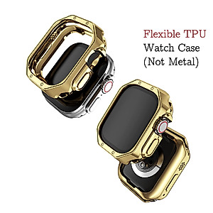 Compatible with Apple Watch Ultra 2 Band and Case, Stainless Steel Metal Chain with TPU Cover, Smart-Watch Link Bracelet Strap for men, Wrist-Band for i-Watch Ultra, 49mm, Gold