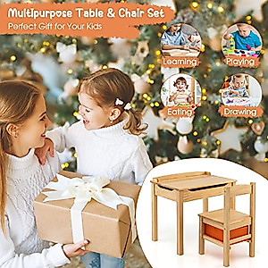 Costzon Kids Table and Chair Set, Flip Top Toddler Study Desk w/Chair for Playroom & Nursery, Wood Activity Table Set w/Storage Space, Safety Hinge, Pull-Out Drawer & Hook for Arts, Crafts (Natural)