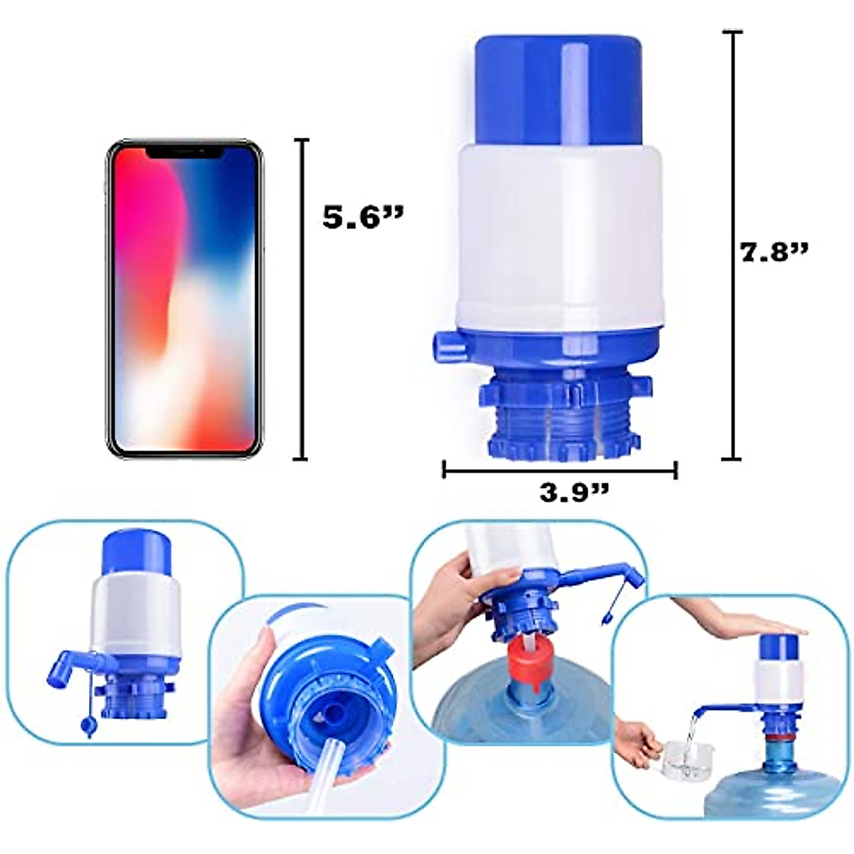 Qulable Manual Water Pump, Portable Water Jug Dispenser, BPA Free, 5 Gallon Water Pump with Cap Fits Most 2-6 Gallon Water Coolers for Camping, Sports, Family, School, Office