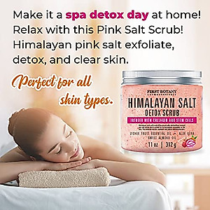 Himalayan Salt Body Scrub with Collagen and Stem Cells - Natural Exfoliating Salt Scrub & Body and Face Souffle helps with Moisturizing Skin, Acne, Cellulite, Dead Skin Scars, Wrinkles (11 oz)