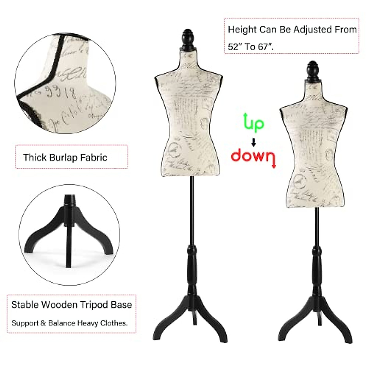 HOMBOUR Female Mannequin Body, Sewing Mannequin Torso Dress Form, Height Adjustable 52-67 inch Mannequin with Stand for Dressmaker Jewelry Display, Ivory