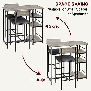 GAOMON Dining Table Set for 2, Kitchen Table and Chairs for 2 with Upholstered Chairs, 3 Piece Counter Height Bar Kitchen Table Set with 3 Storage Shelves for Small Space, Apartment, Rustic Gray