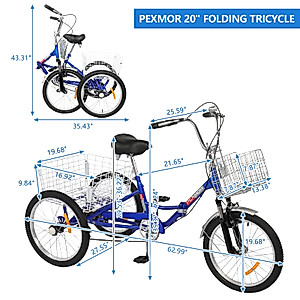 PEXMOR Adult Folding Tricycle, 20 Inch 3 Wheel Bikes Tricycle for Adults Single Speed, Foldable Adult Trike for Women/Men/Seniors, Three Wheel Cruiser Bike w/Front & Rear Basket for Shopping,Picnic