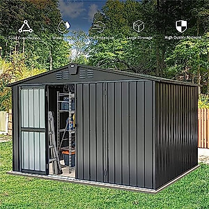 DEENKK 10x8 FT Metal Outdoor Storage Shed for Bike/Trash Can/Tools, Galvanized Steel Water-Resistant Bike Shed Garden Tool Storage Shed for Backyard Patio Lawn Garden,Black