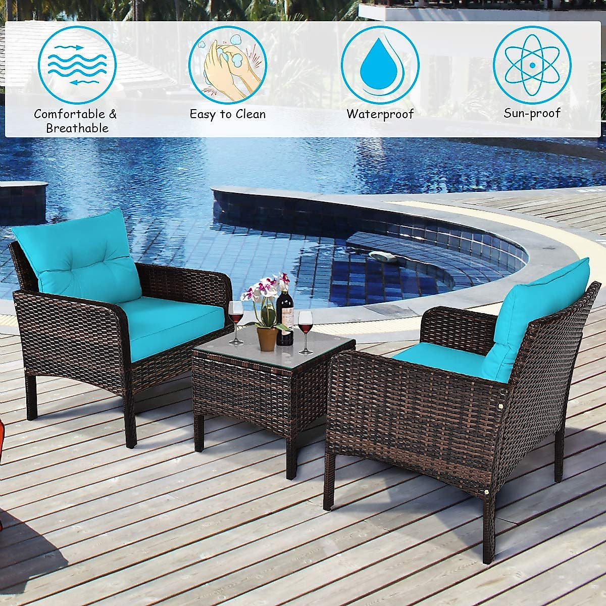 RELAX4LIFE 3-Piece Patio Furniture Set, PE Rattan Wicker Outdoor Conversation Set w/Glass Top Coffee Table & Thick Cushions for Deck Porch Balcony Garden, Bistro Table and Chairs Set of 2 (Turquoise)