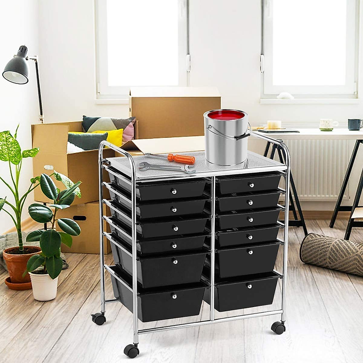 SPSUPE 12-Drawer Rolling Storage Cart, Utility Cart Storage Shelves with 4 Universal Wheels, Tools Scrapbook Paper Organizer, Ideal for Home Kitchen Office Organizing (Black)