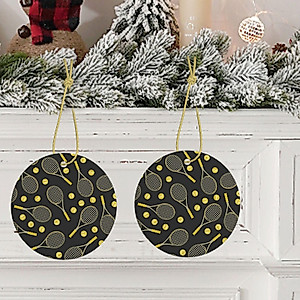 Funny Tennis Racquets and Tennis Balls Print Christmas Tree Ceramic Hanging Round Shaped Xmas Tree Pendants Gatherings Party Deco