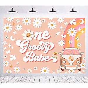 One Groovy Happy Birthday Backdrop for Girls Retro Boho 1st Birthday Party Photo Background Girl Daisy Floral Happy 1st Birthday Newborn Baby Party Decorations Cake Table Banner 5x3ft