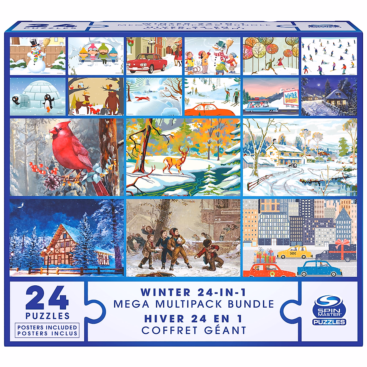 24 Jigsaw Puzzle Bundle, Holiday Winter Snow Illustration Landscape, 1000, 500, 300, 100, 48, 24 Pieces, for Kids and Adults Ages 8 and up