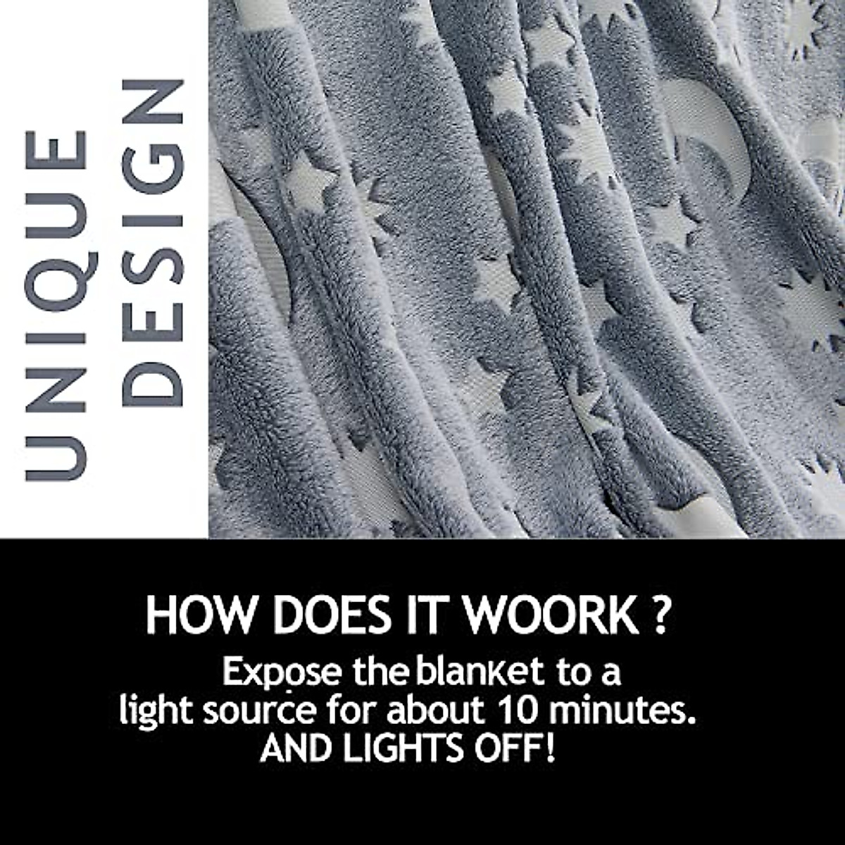 QH Seamless Star & Moon Gray Glow in The Dark Throw Blanket Luminous Blanket-Fun, Cozy Fleece Throw Blanket Made for Great Gifts 60in x 50in